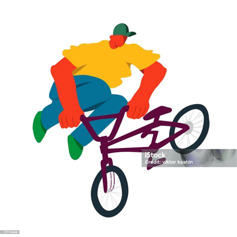 Bmx에 남자는 트릭 불균형 배음 플랫 벡터 일러스트 흰색 배경에 고립 과장 된 자전거 를 합니다 캐릭터 사람들 현대 디자인 자전거 타기에 대한 스톡 벡터 아트 및 기타