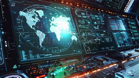 High Tech Command Center With Global Monitoring System Displayed On