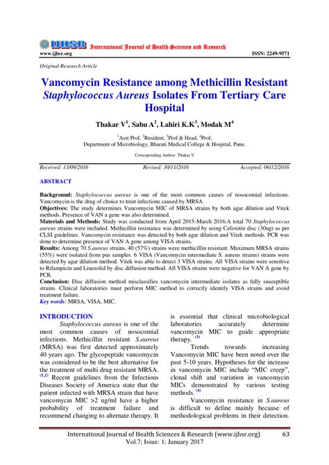 Pdf Vancomycin Resistance Among Methicillin Resistant Staphylococcus Aureus Isolates From