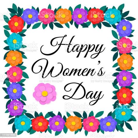 화려한 종이와 함께 여성의 날 인사말 카드는 꽃과 녹색 잎 꽃 화환 사각형 프레임 또는 흰색 배경에 고립 된 국경을 행복한 여성의 날 비문으로 잘라냅니다 벡터 Eps10