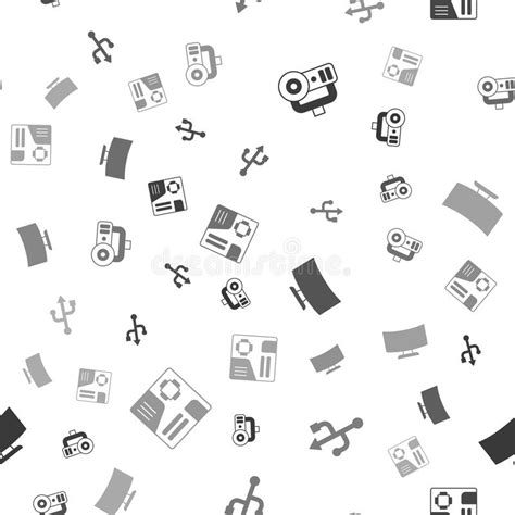 Set Web Camera Usb Computer Monitor Screen And Motherboard Digital Chip On Seamless Pattern