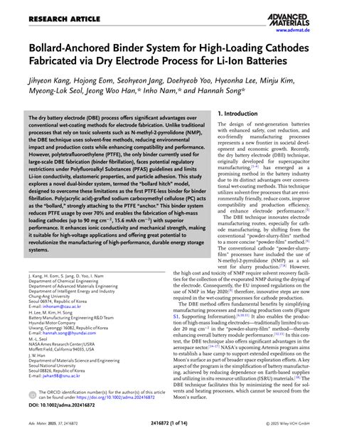 Bollard‐anchored Binder System For High‐loading Cathodes Fabricated Via Dry Electrode Process