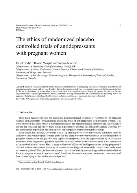 Pdf The Ethics Of Randomized Placebo Controlled Trials Of Antidepressants With Pregnant Women