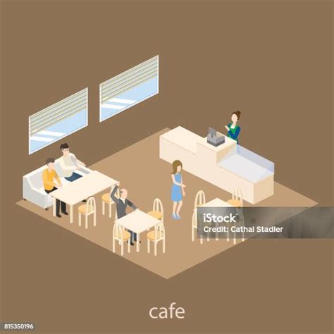 바리 스타와 웨이터 서빙 방문자 아이소메트릭 벡터 일러스트 레이 션 갈색 색조에 커피숍 카페 인테리어 아이소메트릭 배너 3차원 형태에 대한 스톡 벡터 아트 및 기타 이미지