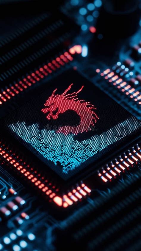Digital Dragon Hologram On Microchip In Cyber Circuitry Stock Image