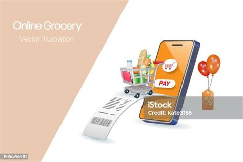 온라인 식료품 서비스 스마트폰 앱에 청구서 영수증이 있는 쇼핑 카트 온라인 배송 쇼핑 서비스 및 전자 상거래 인터넷 모바일 애플리케이션 3d 벡터 3차원 형태에 대한 스톡