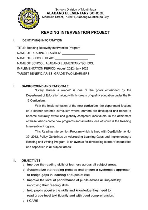 Reading Intervention Project Proposal And Implementation PLAN Schools