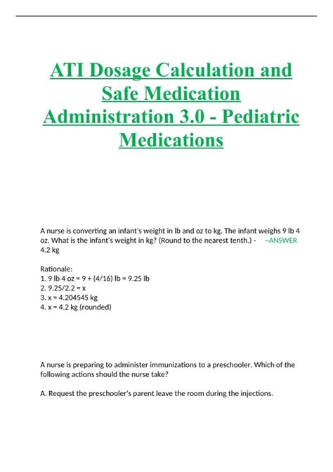 Ati Dosage Calculation And Safe Medication Administration 3 0 Pediatric Medications Ati