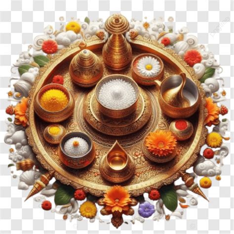 쌀알과 금쿰 꽃을 숭배하는 축제 축하를 위해 아름답게 장식된 푸자 탈리 힌두 푸자 구디 파드와 쌀알과 금쿰 꽃을 숭배하는 축제 축하를 위해 아름답게 장식된 푸자 탈리 힌두