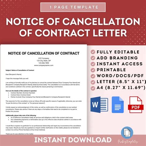 Notice Of Cancellation Of Contract Letter Template Probiztemplates