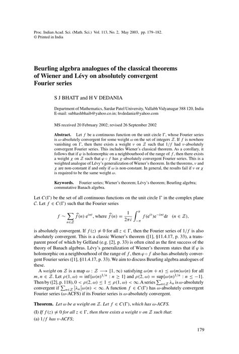 PDF Beurling Algebra Analogues Of The Classical Theorems Of Wiener And Levy On Absolutely