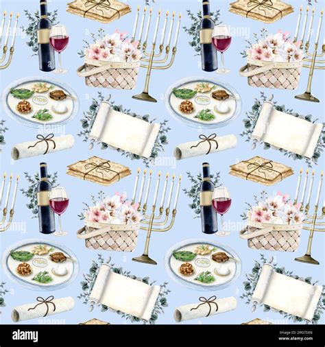 Light Blue Passover Seamless Pattern With Watercolor Symbols Flowers