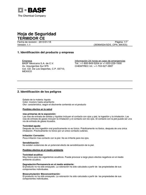 Hoja De Seguridad Termidor Ce Pdf Pdf Carbón Agua