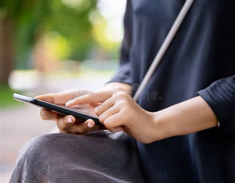 Girl With Mobile Smart Phone Girl Hand Touching Screen On Modern