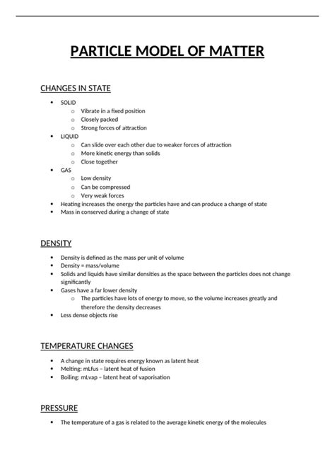 Summary AQA GCSE Physics Combined Science Particle Model Of Matter Notes Science Stuvia UK