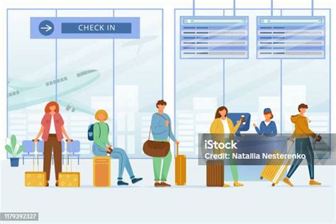 공항 구역 플랫 벡터 일러스트레이션을 확인합니다 탑승 등록 출발 보드에서 수하물을 가지고 있는 승객 항공기 승객 비행기로 여행 책상 만화 캐릭터를 확인하기 위해 관광객을 큐
