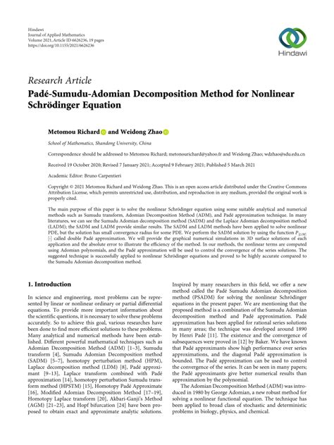 Pdf Padé Sumudu Adomian Decomposition Method For Nonlinear Schrödinger Equation