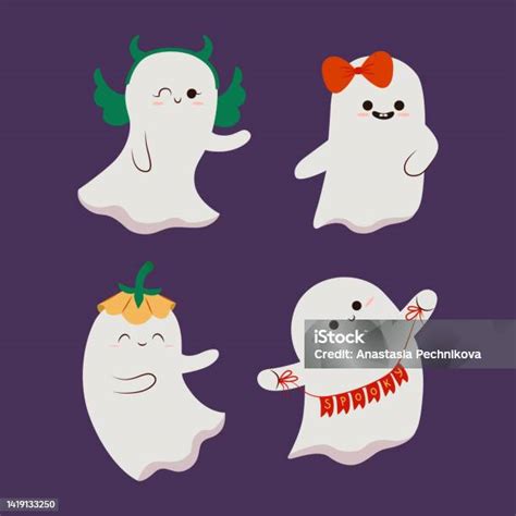 귀여운 재미있는 유령의 할로윈 세트 다른 감정 모자 및 얼굴 표정을 가진 아이들을위한 유치한 유령 캐릭터 0명에 대한 스톡 벡터 아트 및 기타 이미지 Istock