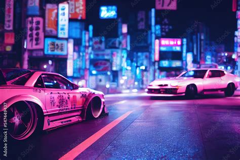 Two Tuned Pink Racing Cars In Tokyo With Neon Lights Jdm Japanese Domestic Market Stock
