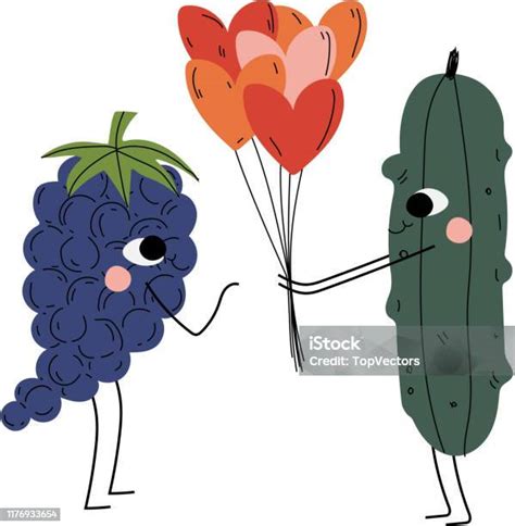 귀여운 오이 포도 쾌활한 야채와 딸기 문자에 마음의 모양에 풍선을주는 재미있는 얼굴 가장 친한 친구 사랑 벡터 일러스트레이카에서 행복한 커플 독일에 대한 스톡 벡터 아트 및