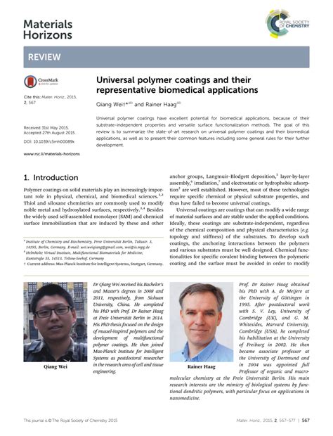 Pdf Universal Polymer Coatings And Their Representative Biomedical Applications