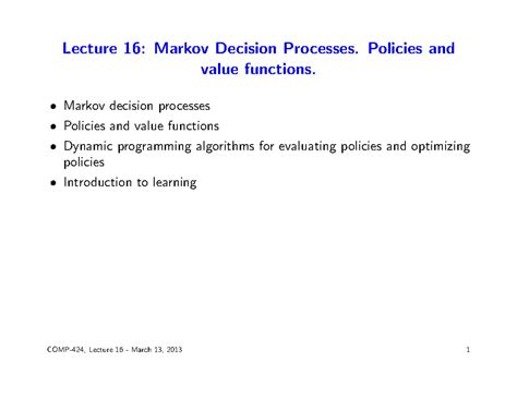 Mdp Notes Lecture 16 Markov Decision Processes Policies And Value