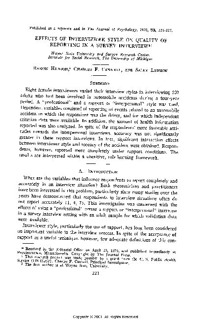 Pdf Effects Of Interviewer Style On Quality Of Reporting In A Survey Interview