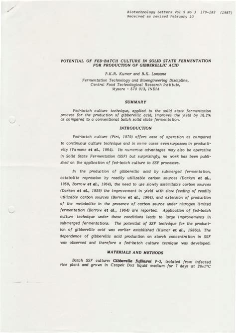 Pdf Potential Of Fed Batch Culture In Solid State Fermentation For Production Of Gibberellic Acid