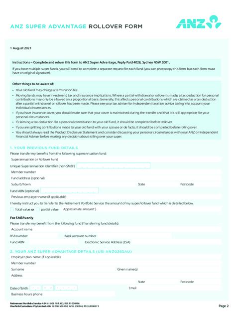 Fillable Online Anz Super Advantage Rollover Form Rollover Form Fax