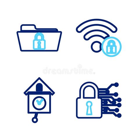 Set Line Cyber Security Retro Wall Watch Wifi Locked And Folder And