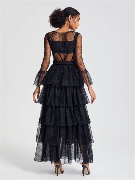 Ashwini Patil Flounce Sleeve Layer Hem Mesh Overlay Dress Shein Usa