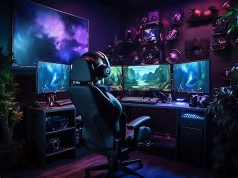 Premium Photo Fps Game Room Boys With Gaming Pc Setup And Gaming Sofa