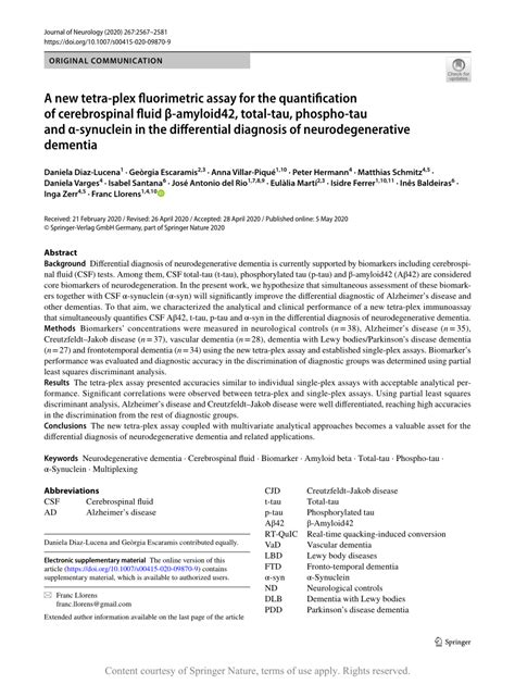 A New Tetra Plex Fluorimetric Assay For The Quantification Of Cerebrospinal Fluid β Amyloid42