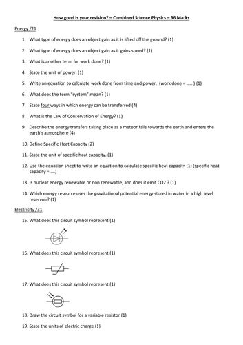Aqa Combined Science Physics Paper 1 Revision Test Teaching Resources