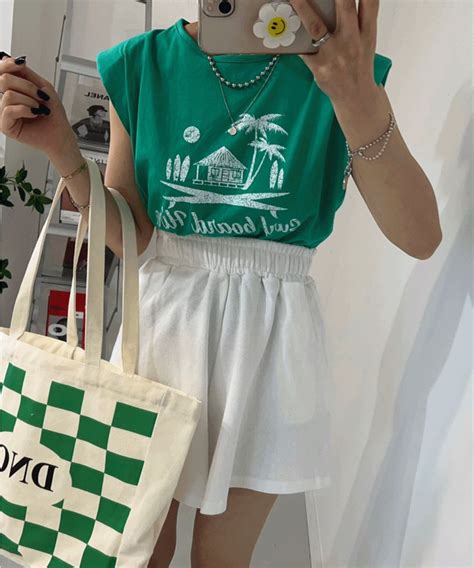 여름 서퍼 프린팅 루즈핏 어깨패드 나시티