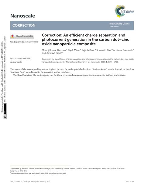 Pdf Correction An Efficient Charge Separation And Photocurrent Generation In The Carbon Dot