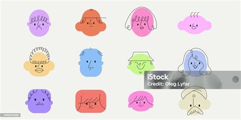 다양한 연령대의 다양한 감정을 가진 기하학적 추상 다채로운 만화 얼굴 다양한 다양한 사람들 대표 만화 스타일의 캐릭터 또는 아바타 손으로 트렌디한 벡터 그림을 그렸습니다