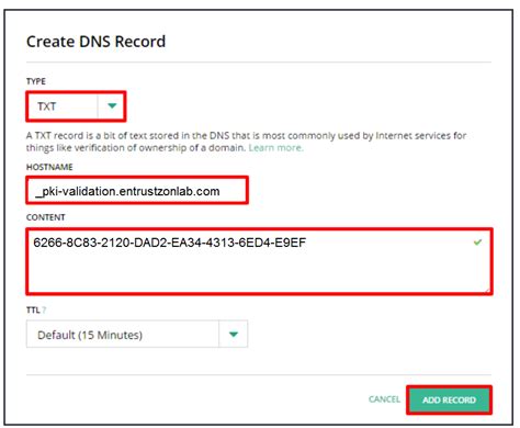 how to add txt record for dns verification on hover entrust