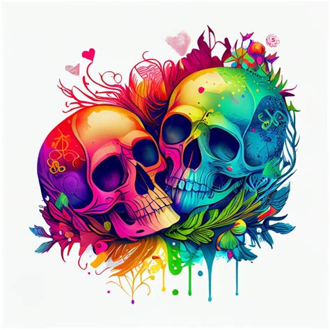 A Colorful Illustration Of Two Skulls Kissing Premium Ai Generated Image