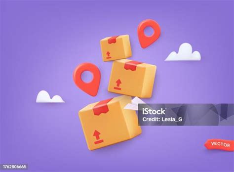 배달 상자 와 지도 핀 벡터 일러스트 레이 션 빠른 배송 개념 3d 웹 벡터 일러스트레이션 3차원 형태에 대한 스톡 벡터 아트