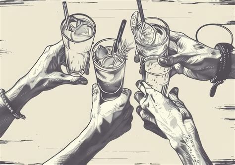 A Drawing Of Two Hands Holding Up Drinks With Ice And Ice Cubes Premium AI Generated Image
