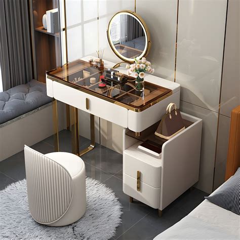 Modern Brown Glass Vanity Table With Stool Drawers Included Dressing