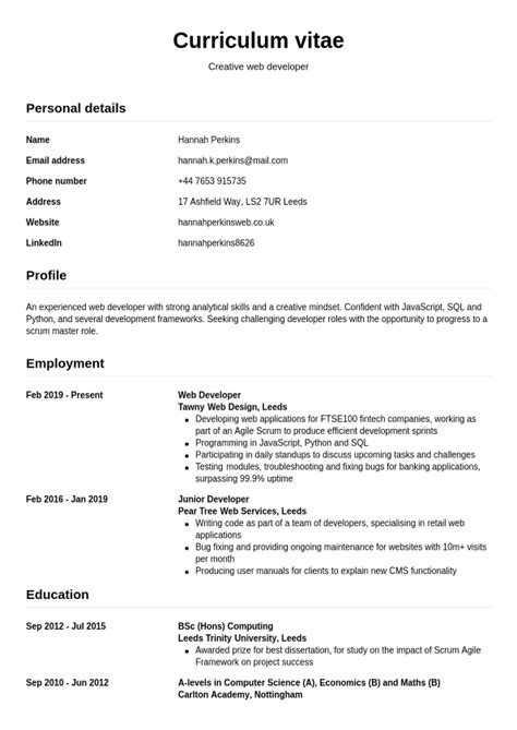 Web Developer CV Example Jobseeker