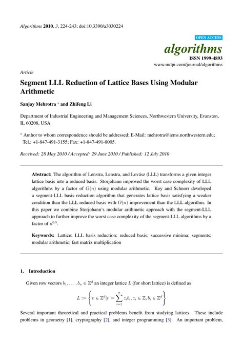 Pdf Segment Lll Reduction Of Lattice Bases Using Modular Arithmetic