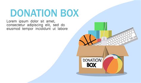 장난감 책 옷 및 장치로 가득 찬 골판지 기부 상자 의류 기부 상자를 기부하는 자원봉사자 개념에 대한 스톡 벡터 아트 및 기타