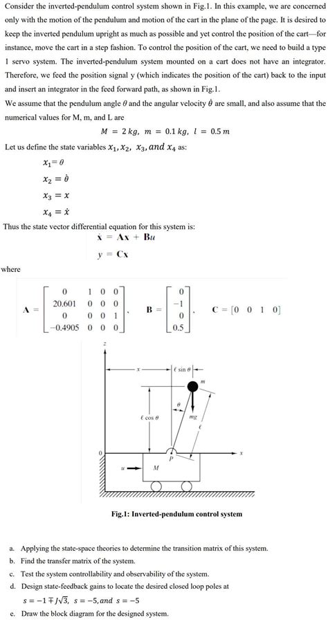 solved consider the inverted pendulum control system shown
