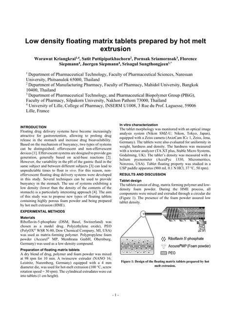 Pdf Low Density Floating Matrix Tablets Prepared By Hot Melt Extrusion