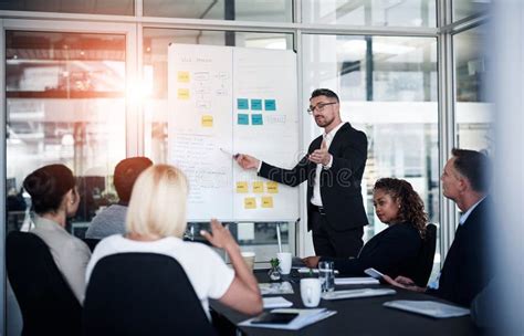 Whiteboard Man And Conference With Staff In Office For Workflow Steps Diagram Or Teamwork For