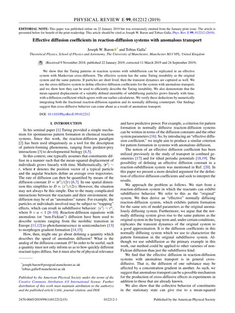Pdf Effective Diffusion Coefficients In Reaction Diffusion Systems With Anomalous Transport