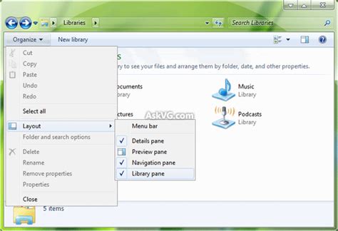 how to remove library pane libraries header from windows 7 explorer
